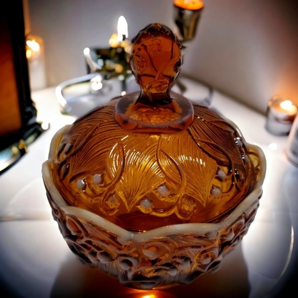 Fenton | Dining | Fenton Covered Candy Dish Amber Opalescent Cameo Lily ...